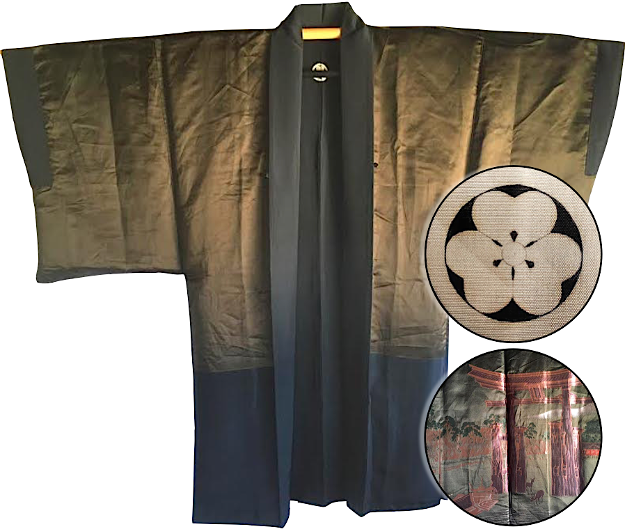 Rare antique kimono haori samourai soie noire kamon katabami Torii ...