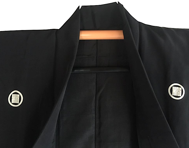 Antique kimono traditionnel japonais samourai soie noire Kamon Rin homme - Fabriqué au Japon