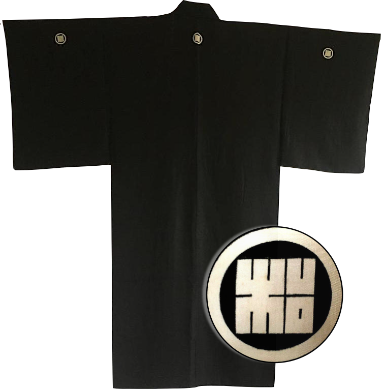 Antique kimono traditionnel japonais samourai soie noire Kamon Rin homme - Fabriqué au Japon