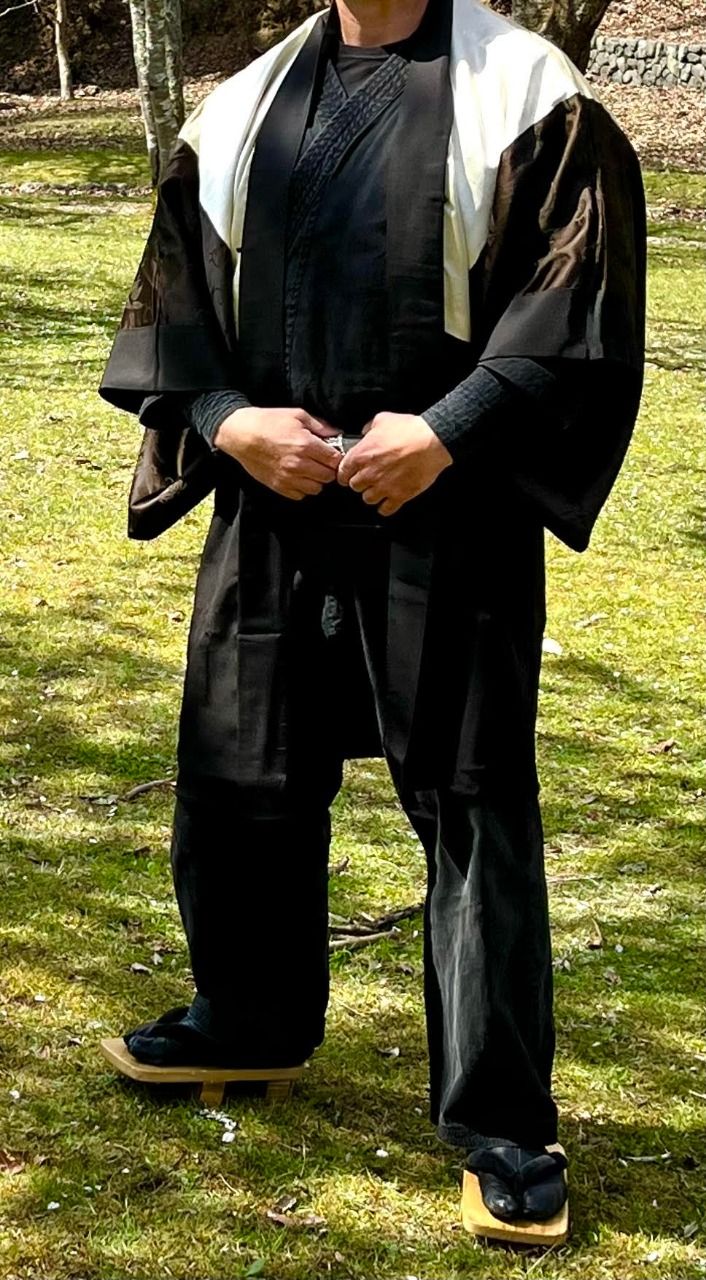 Luxe Antique haori soie noire Mokkou Montsuki Samourai Benkei homme