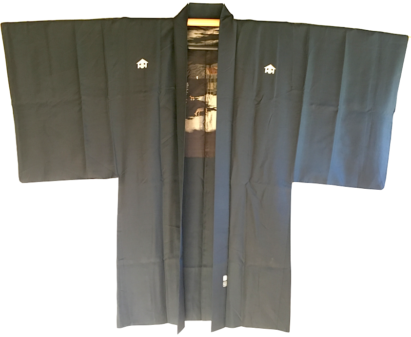 Rare luxe antique haori samourai soie noire Kamon Uchida Mokkou Torii ...