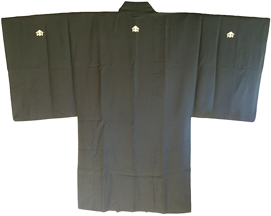 Rare luxe antique haori samourai soie noire Kamon Uchida Mokkou Torii ...