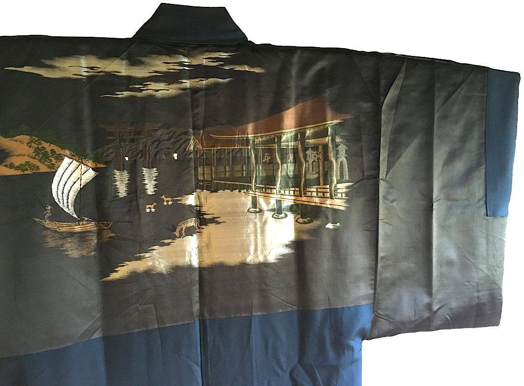 Rare luxe antique haori samourai soie noire Kamon Uchida Mokkou Torii ...